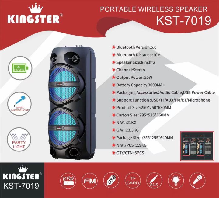 KINGSTER KTS-7019 2x8.5 Portable Wireless Speaker with Remote and ...