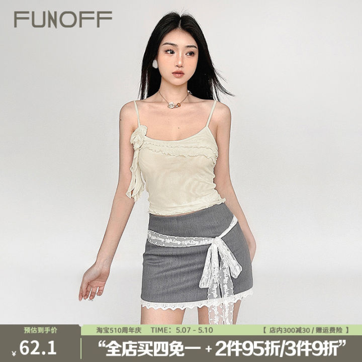 Funoff เสื้อสายเดี่ยวลูกไม้ชายระบายสองชั้นแบบสั้นสไตล์ฝรั่งเศสใส่ช่วง ...