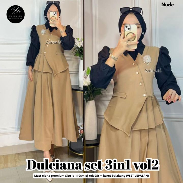 Dulciana Set 3in1 Vol 2 - Setelan Wanita Muslimah Elegan, Outfit Rok dan Vest Lepasan Premium ...