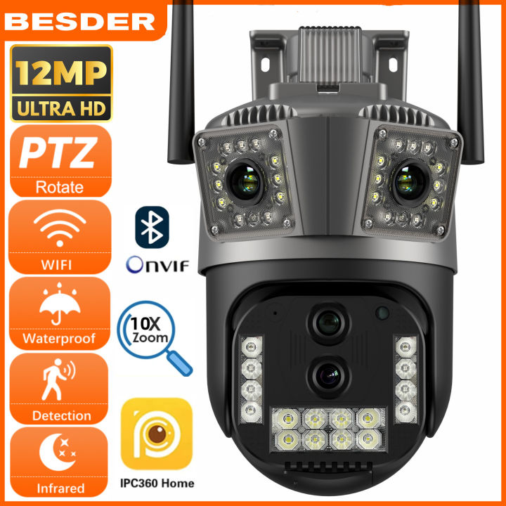 BESDER CCTV Camera 12MP 6K WiFi IP Camera Outdoor Four Lens Three ...