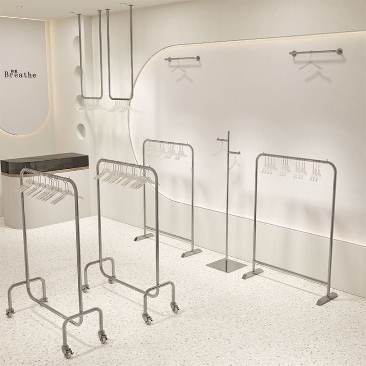 Clothing Store Clothes Pole Floor-Standing Stainless Steel Brushed Silver Men's and Women's ...