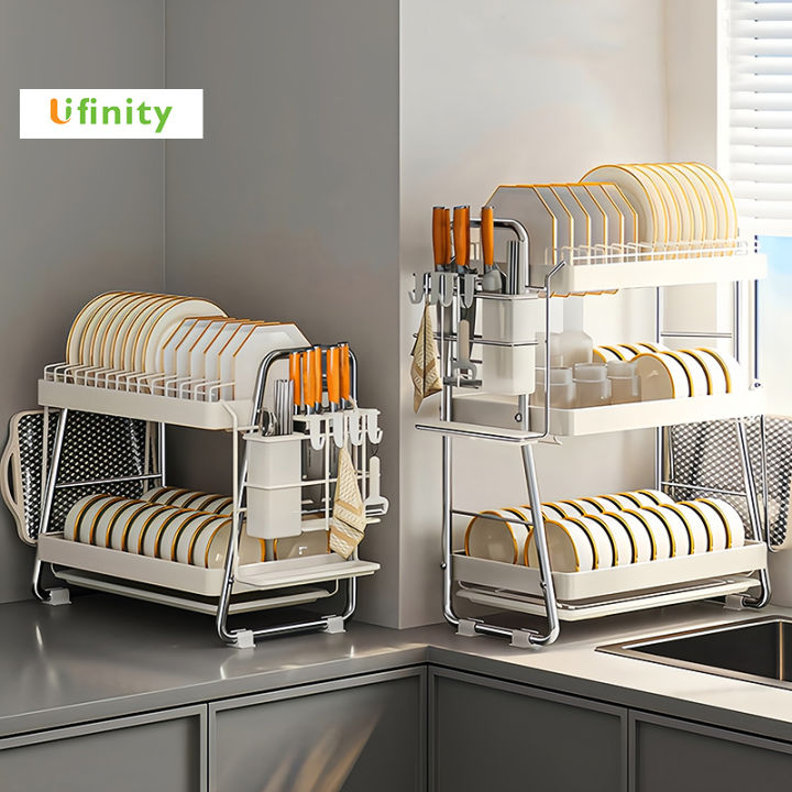 Lifinity Stainless Steel 2/3Tiers Dish Rack with Drainer Plates ... Lifinity Stainless Steel 2/3Tiers Dish Rack with Drainer Plates ...