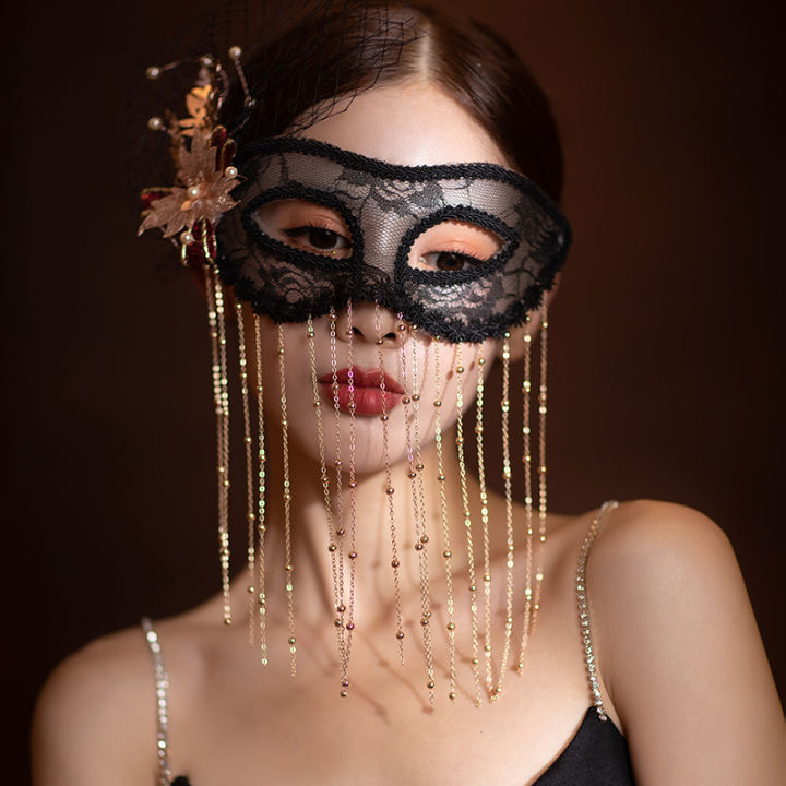 Black Lace Retro Elegant Mysterious Mask Fashion All-Match Long Fringe ...