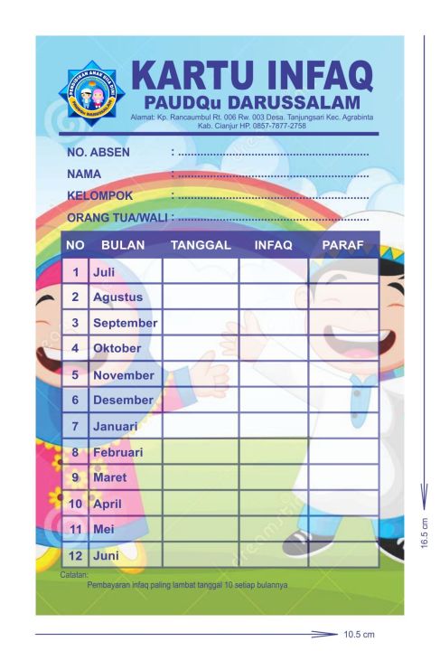KARTU SPP/INFAQ TK/PAUD/TPQ CUSTOM NAMA ALAMAT DAN LOGO SEKOLAH ...