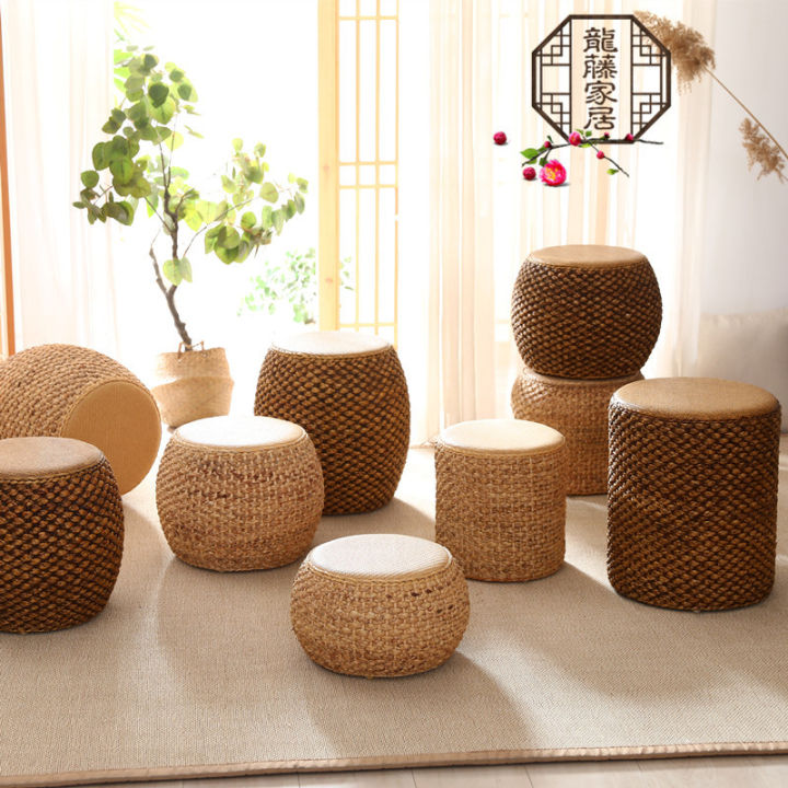 Rattan Woven Low Stool Balcony Seating Stool Makeup Stool Grass Woven ...