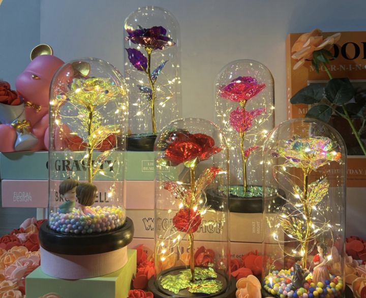 LED Light Galaxy Rose Flowers Forever Rose Colorful in Glass Dome ...