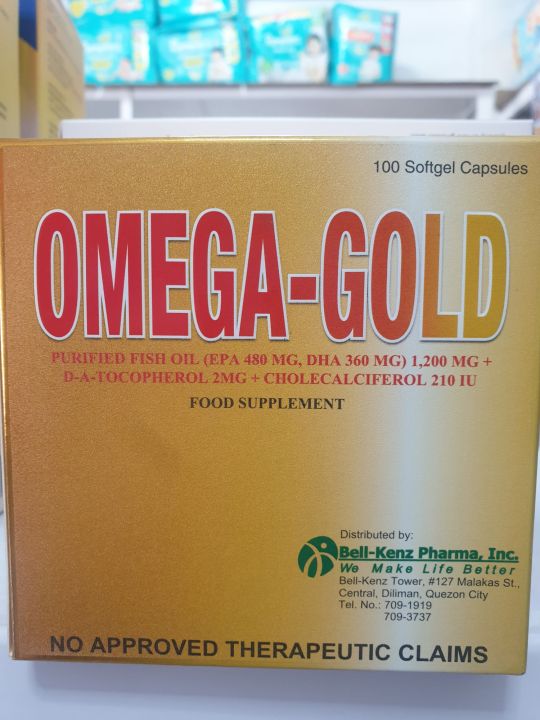 Omega Gold Purified fish oil 1,200mg+ DA Tocopherol 2mg+ Cholecalciferol 210 IU box of 100's ...