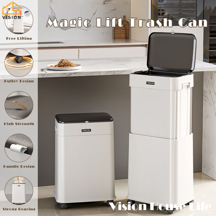 Vision Adjustable Trash Can with Wheels Elevatable Garbage Bin Kitchen ...