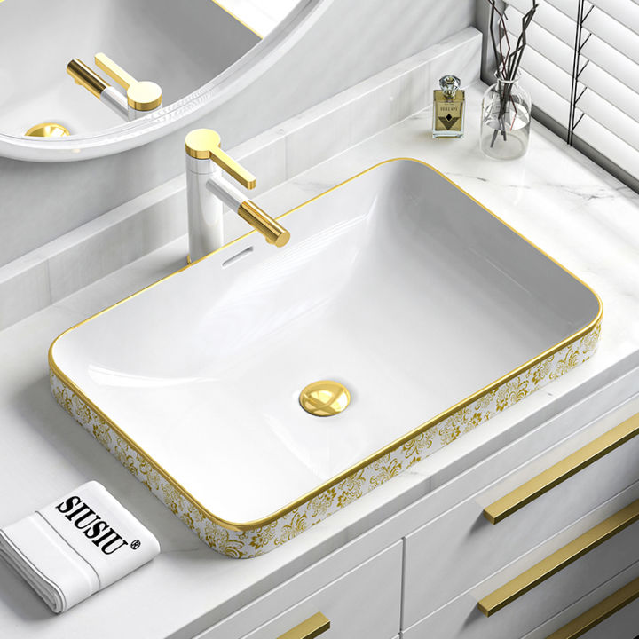 European Style Gold Ceramic Semi-Embedded Bathroom Sink for Balcony Use ...