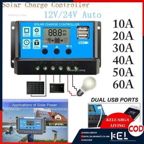 Solar Charge Controller LCD LED Display Solar Cell PWM 12V 24V 10A 20A 30A 50A 60A USB Panel ...