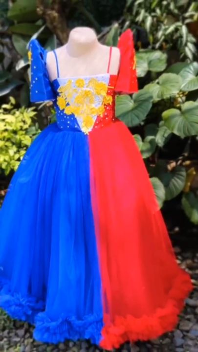 UZZO Philippine Flag Inspired Modern Filipiniana Dress Outfit Ball Gown for Kids School Students ...