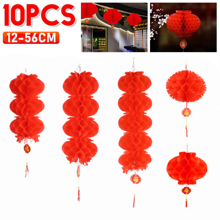 10pcs CNY Traditional Plastic Chinese Red Paper Honeycomb Lantern ...