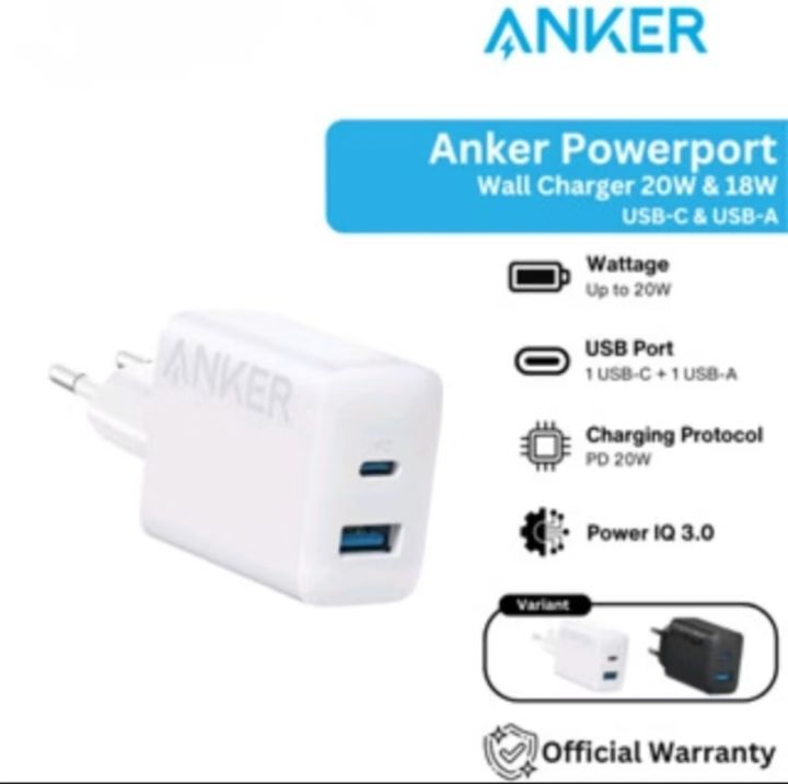 Adaptor Wall Charger A2348 Anker Dual Port USB-A & USB-C 20W Ultra Fast ...