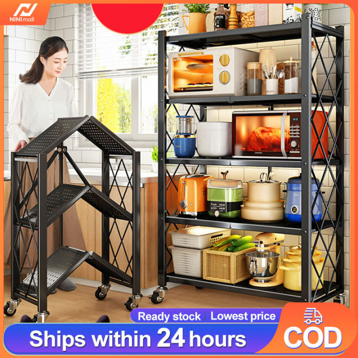 NINI Foldable Storage Rack With Wheels Movable Trolley Rak Dapur ...
