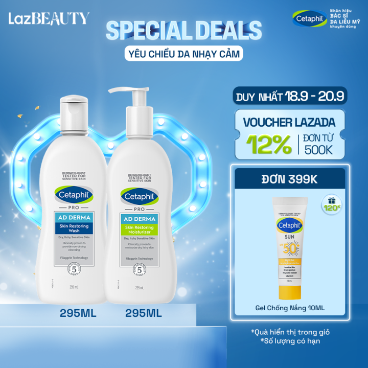 Combo Sữa tắm và Kem dưỡng ẩm cho viêm da cơ địa Cetaphil Pro AD Derma Wash 295ml + Cetaphil Pro ...