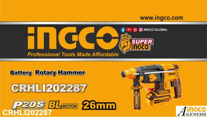 INGCO 20V Li-Ion Rotary Hammer Drill (Brushless Motor) CRHLI202682 ...