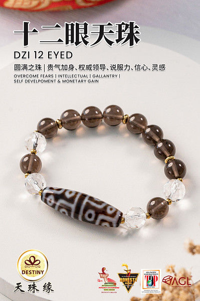 DZI DESTINY 天珠缘｜十二眼天珠系列｜贵气 • 权威 • 勇气守护｜天然黑曜石+白水晶手串｜12 Eyed Dzi Bead ...