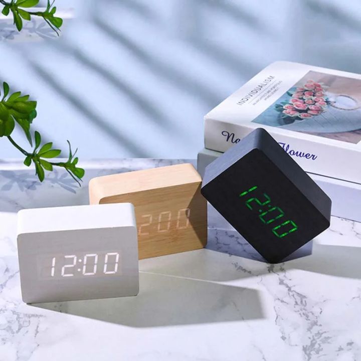 LED Wooden Alarm Clock Watch Table Voice Control Digital Wood ...