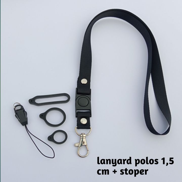 Tali Lanyard Hitam Polos 1,5 cm Free Karet Ring dan Strap Tali ...
