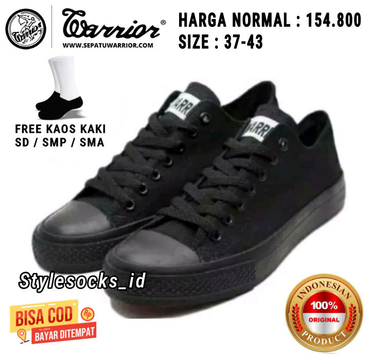SEPATU WARRIOR SPARTA FULL BLACK LC / SEPATU WARRIOR HITAM POLOS PENDEK ...