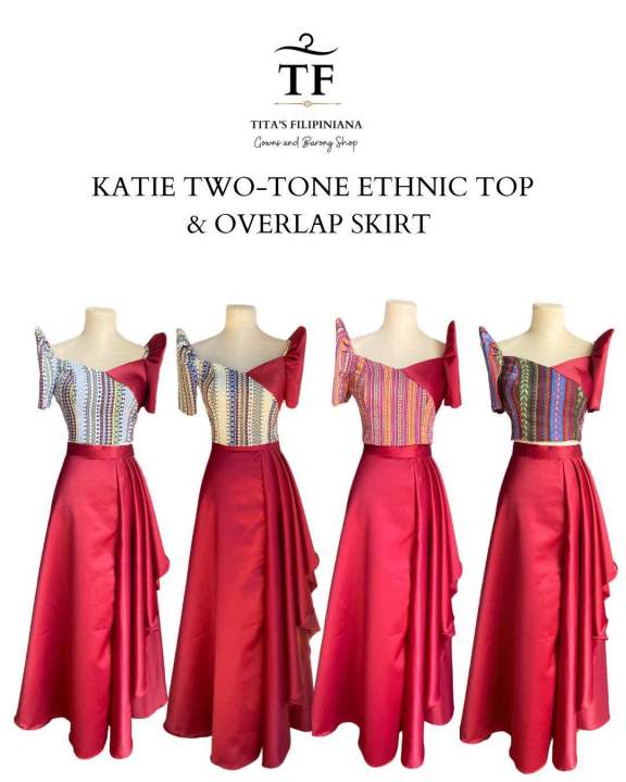 Modern Filipiniana Ethnic Top and Overlap Skirt Maroon | Lazada PH
