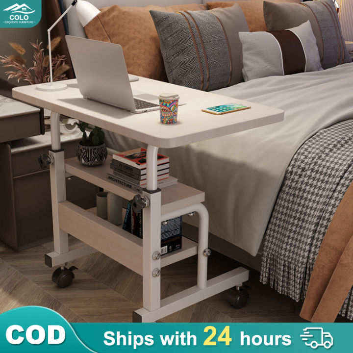 Adjustable height Bedside table with wheel study table with shelf ...