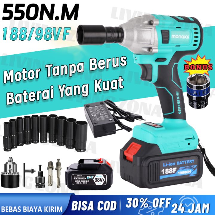 MONQIQI 188VF mesin bor impact baterai 550N.M Bor Baterai 13mm Impact ...