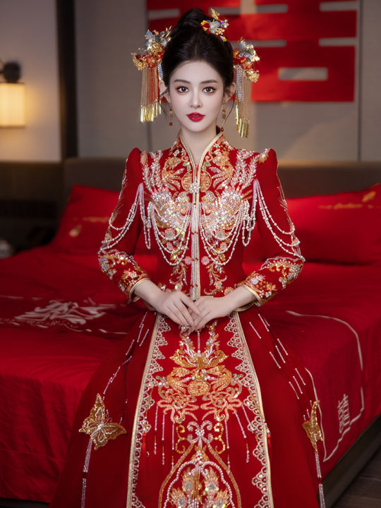 ชุดแต่งงานผ้ากำมะหยี่ Xiu Hui สำหรับผู้หญิง ฤดูใบไม้ร่วงปี 2024 สไตล์ ...
