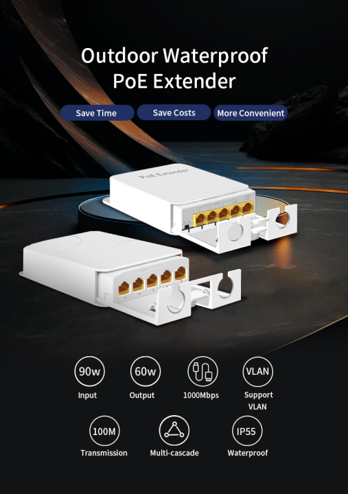 Hisource 4 Port IP55 Waterproof POE Repeater 100Mbps 1 to 3 Network ...