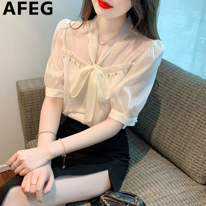 AFEG เสื้อเบลาส์แขนพองผ้าชีฟองคอวีฉบับภาษาเกาหลีสีทึบ,เสื้อแฟชั่นทรง ...