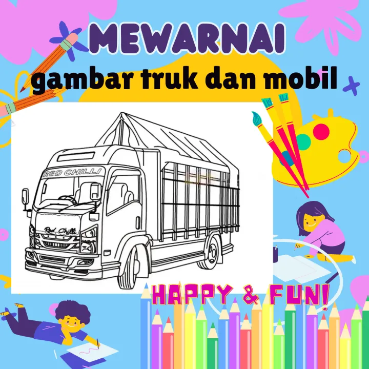 mewarnai gambar truk oleng dan mobil anak PAUD/TK/SD paket 5 lembar ...