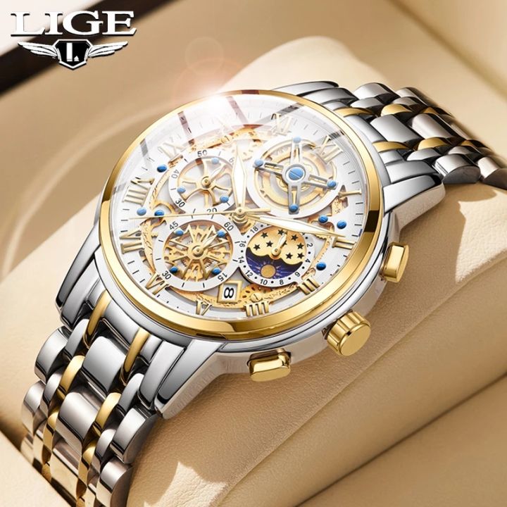 LIGE Fashion watch for men Stainless Steel Waterproof Chronograph ...
