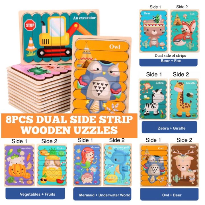 8pcs Dual Side Strip Wooden Puzzles Early Learning Child Develpment ...