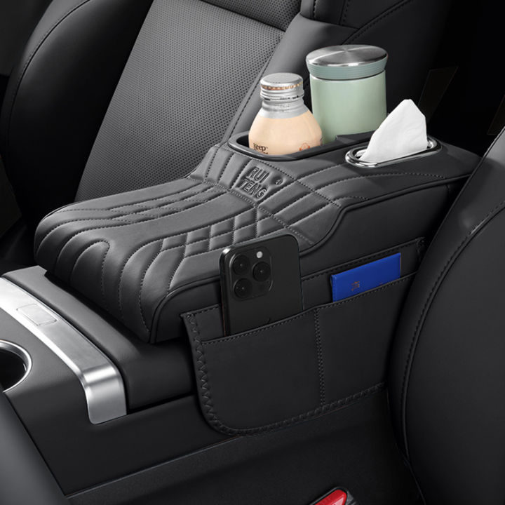 Car Armrest Box Cushion With 2 Cup Holder And Tissue Box & Side Pocket ...