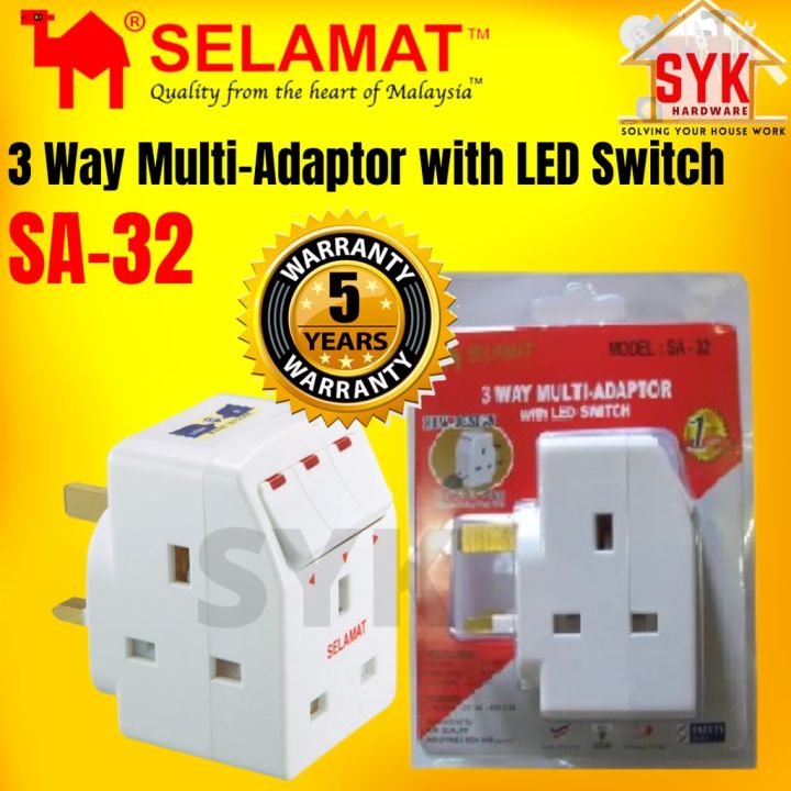 SYK Selamat SA-32 Sirim 3 Way Multi-Adaptor With LED Switch 13A Fuse ...