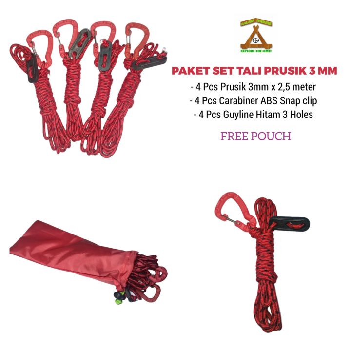 Paket Set Tali Prusik 3mm isi 4 pcs Lengkap carabiner dan guyline ...
