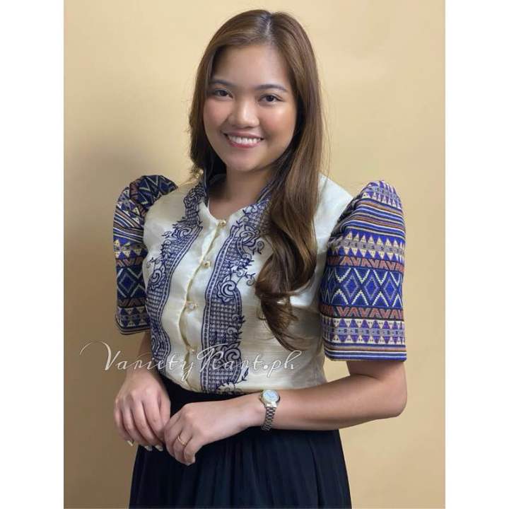 Modern Ethnic Ladies Barong Filipiniana in Blue Shade — Chinese Collar ...