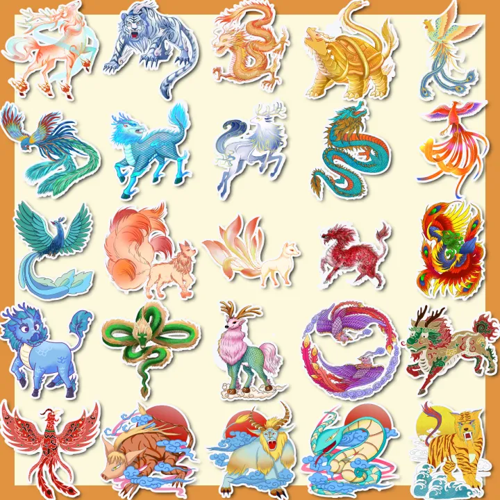 Ancient Mythical Creature Stickers Phoenix Tiger Deer Crane Luggage ...