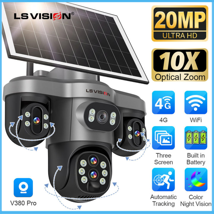 LS VISION V380 10X Optical Zoom 3 PTZ Lens Solar Camera 4G/WiFi 20MP ...