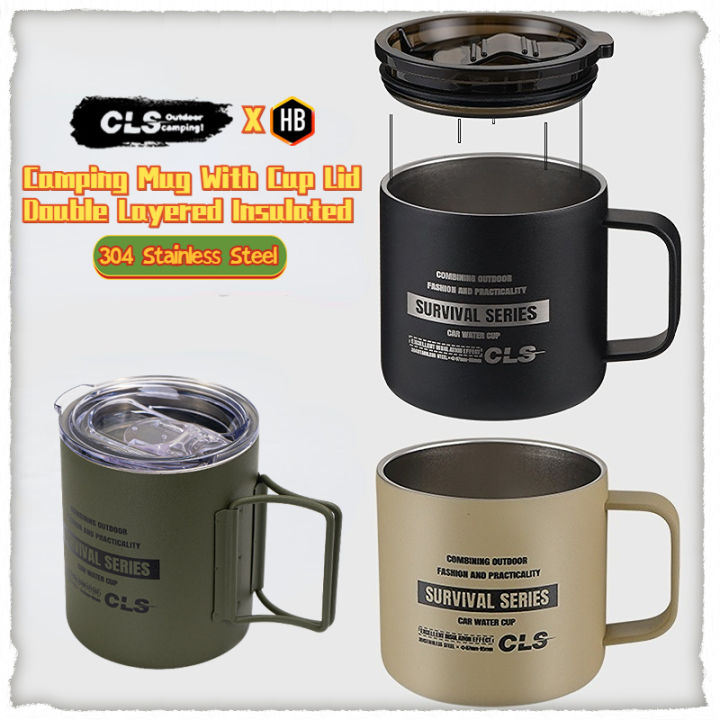 Camping Folding Mug With Cup Lid Double Layered Insulated 304 Stainless ...