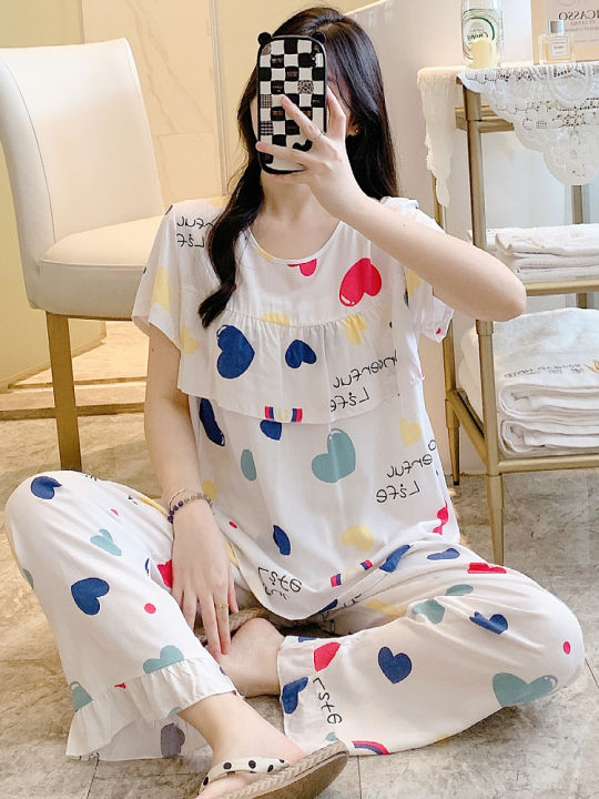 Summer Cotton Silk Sleepwear Women's Short Sleeve Nine Points Pants ...