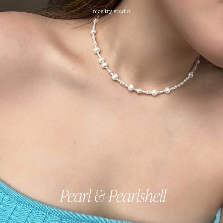 nice try studio - Pearl & Pearl Shell Necklace สร้อยคอไข่มุก | Lazada.co.th