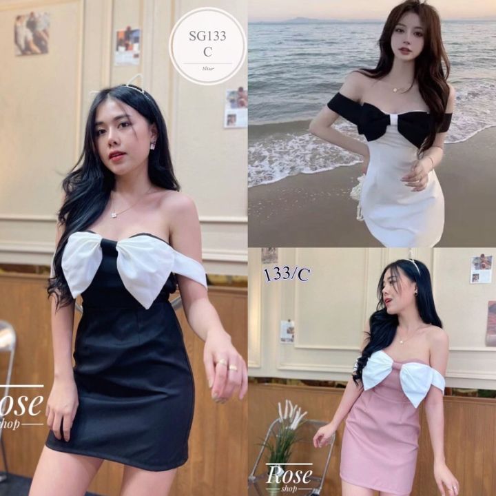 SS133 มินิเดรสสั้นเกาะอกสีพื้น แต่งอกโบว์ใหญ่มีเสริมฟองน้ำ | Lazada.co.th