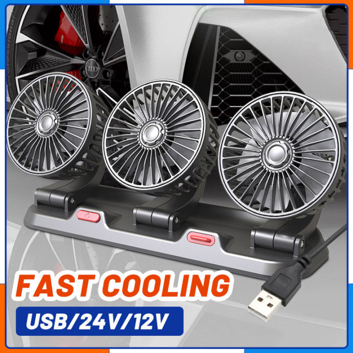 🔥 Car Fan 5V 12V 24V USB Powered 360° Rotatable 3 Speed Dual Head Fan ...