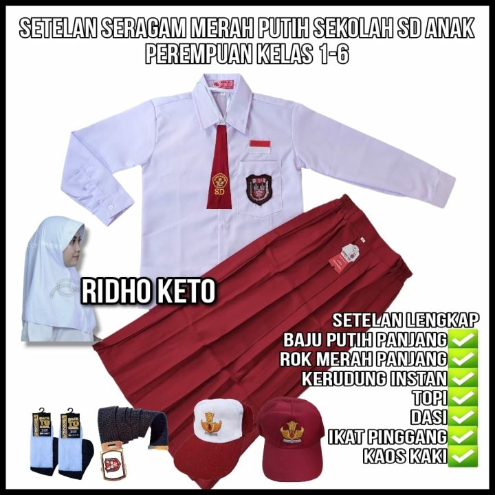 setelan seragam merah putih sekolah SD anak perempuan baju lengan ...