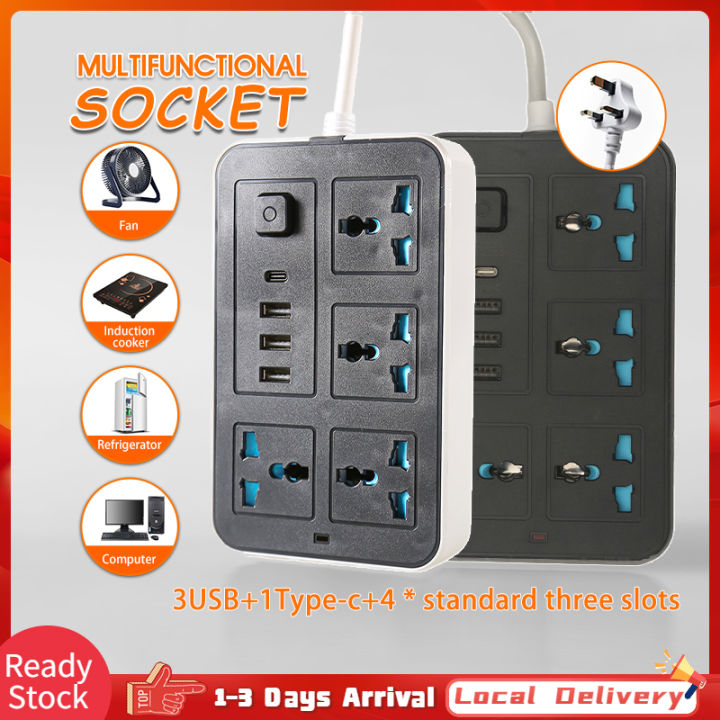 Power Strip 4 Power Socket With 3 Usb Ports Charger 1 Type C Uk Plug Fast Charging 2m Universal