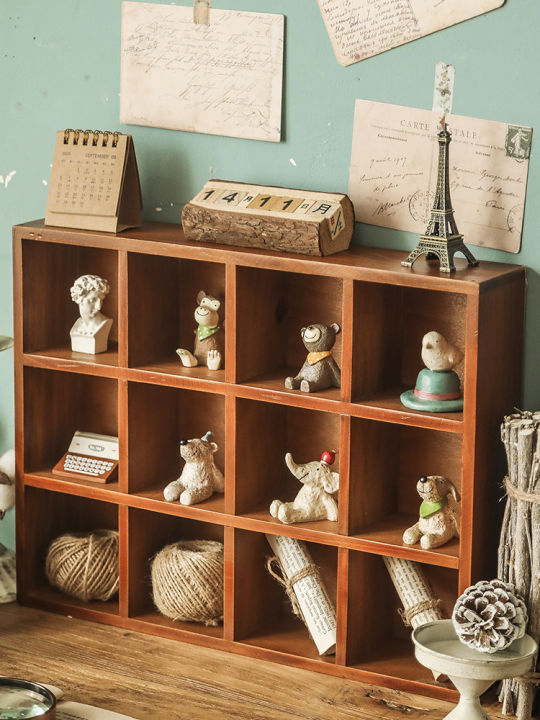 Retro ไม้ติดผนัง Desktop Organizer กล่อง Zodiac Grid ชั้นวางของ Zakka ตกแต่งรายการตําแหน่งชั้น ...