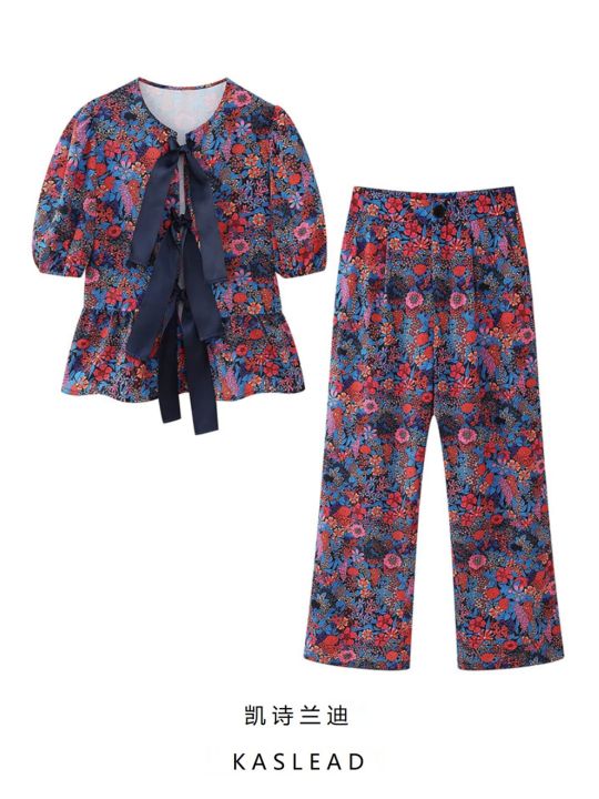 KASLEAD ใหม่ผู้หญิงแฟชั่นผีเสื้อพิมพ์ด้านบนพร้อมกางเกงขายาวลําลองชุด ...