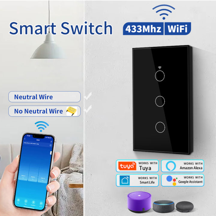 1/2/3/4Gang Tuya Smart WiFi Switch RF 433MHz US Wall Panel Touch Switch ...