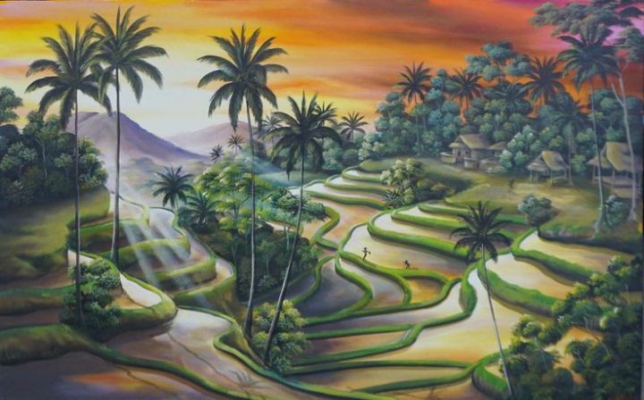 hiasan dinding lukisan cetak sawah Bali terasering plus bingkai ukuran ...